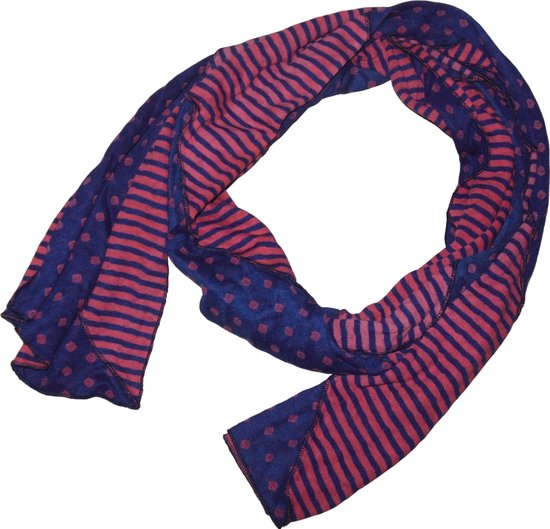 Sjaal roze-donkerblauw met ruitjes en streepjes patroon | bol