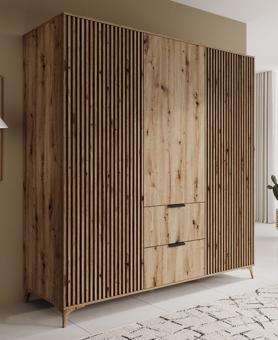 MEUBELLA Kledingkast Evy - Kast met latjes - Eiken - 185 cm | bol