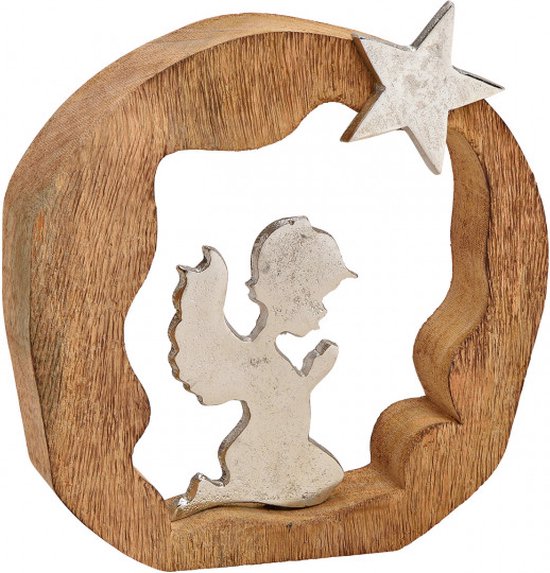 Engel in mango hout, metalen engel in hout, engel, display metalen ...