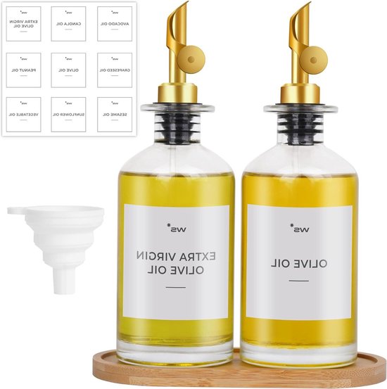 350ml Olive Oil Dispensers - Glass Bottle with Steel Spouts Bamboo Tray ...