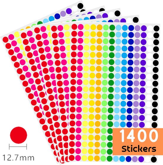 Stippen Stickers 14 kleuren - 13MM - 1400 Ronde Stickers - 5 vel ...