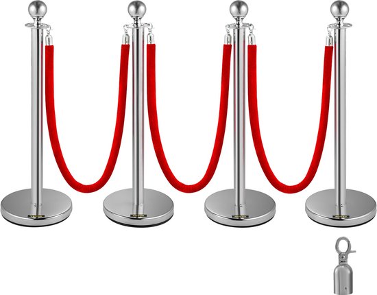 Rode Loper Paaltjes - Zilver 4 stuks - Met Rood Koord - Paaltje ...