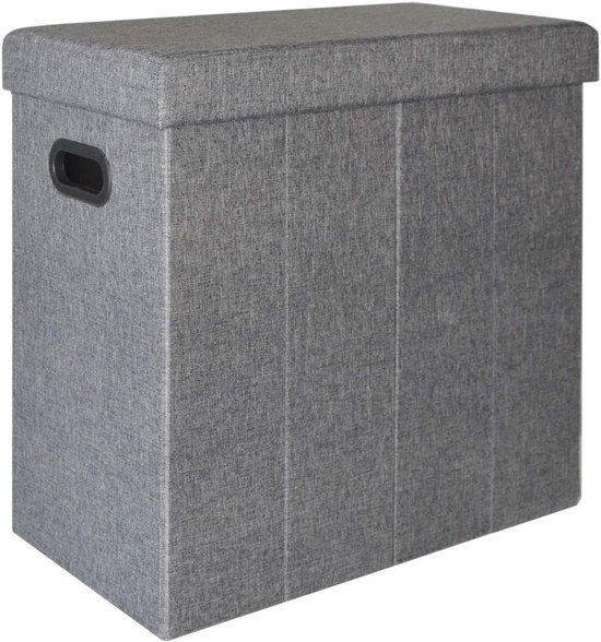 Opvouwbare wasmand 70L met deksel en handgrepen - Grijs met linnen-look ...
