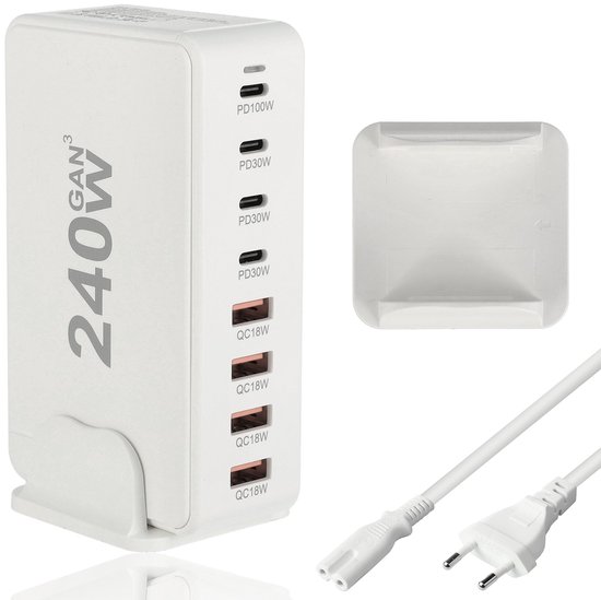 USB-C Snellader 240W – 8-Poorts GaN III Oplader (PD100W + 3x PD30W + 4x QC18W) –... | bol