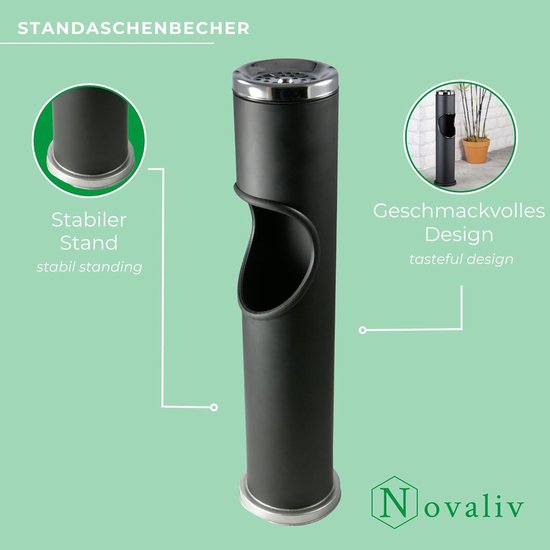 Novaliv 2x staande asbakken voor buiten, zwart, 46,5 cm hoog, 9,5 cm Ø ...