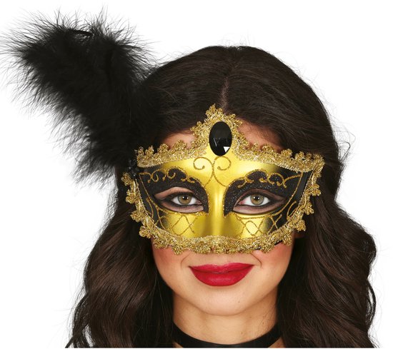 Gemaskerd bal verkleedkleding - Oogmasker goud met veer - Mantel/cape ...