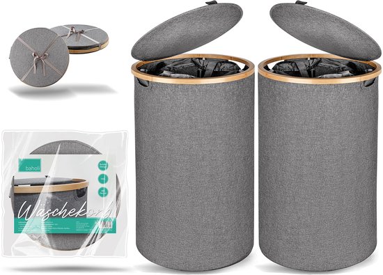 BAHOLI SET van 2 wasmanden met deksel [100L] - Ronde wasmand met ...