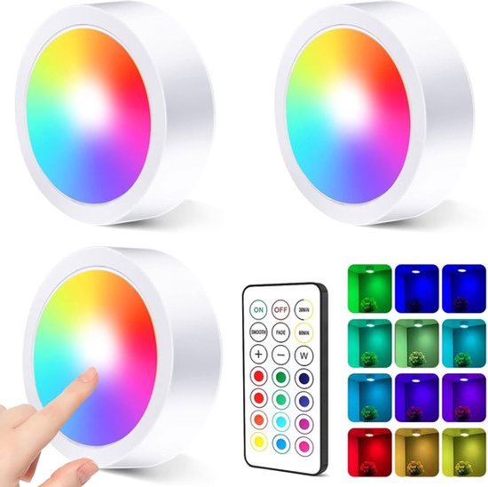 Oplaadbare RGB Puck Lights Afstandsbediening LED Draadloze Onder Kast ...