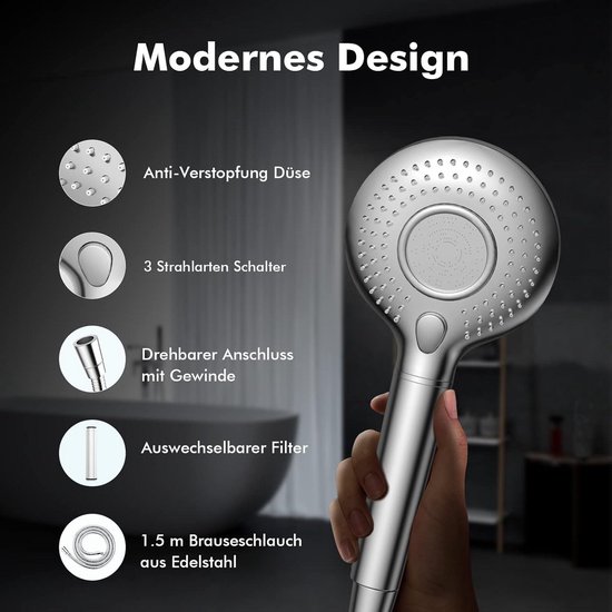 Hoge druk handdouche met filtratie in 15 lagen, 15 m slang, 3 ...