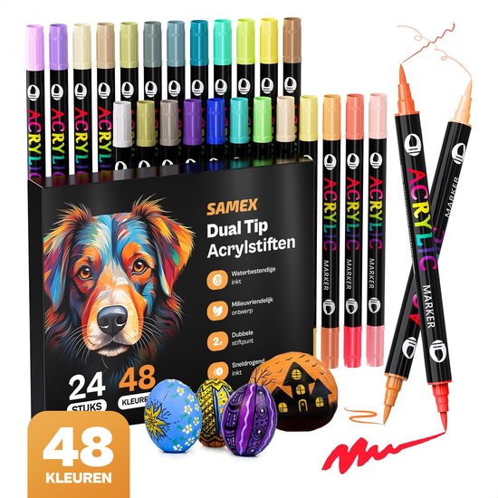 Samex® Acrylstiften Dual Tip 24 Stuks - 48 Kleuren - Twinmarkers ...