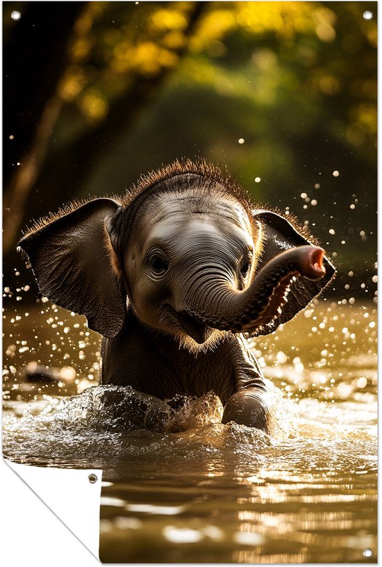 Speelse baby-olifant in water - Olifant poster - Tuinmuurdecoratie ...