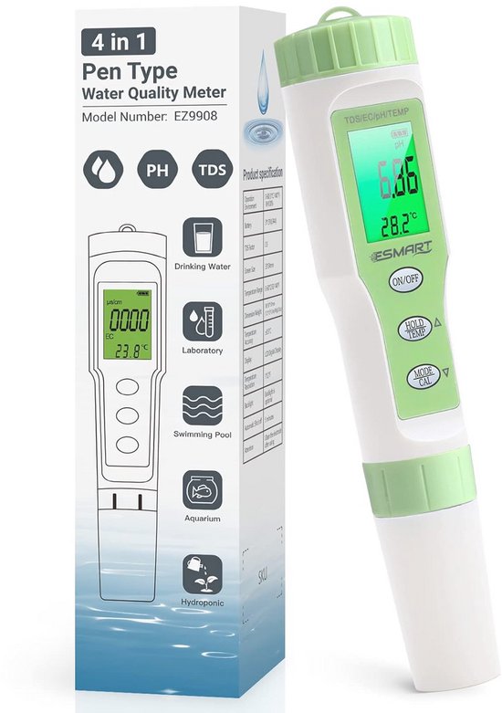 4-in-1 pH Meter voor Waterkwaliteit: TDS, EC, Temperatuur en pH Tester ...