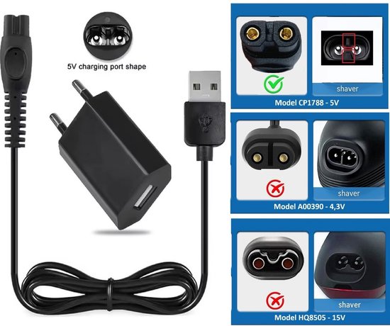 Philips OneBlade Oplader - Adapter + USB-kabel - 5V 1A - 1m | bol