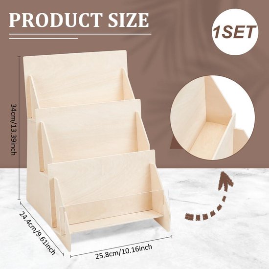 Rechthoekige houten display met 3 niveaus voor wenskaarten, draagbare ...