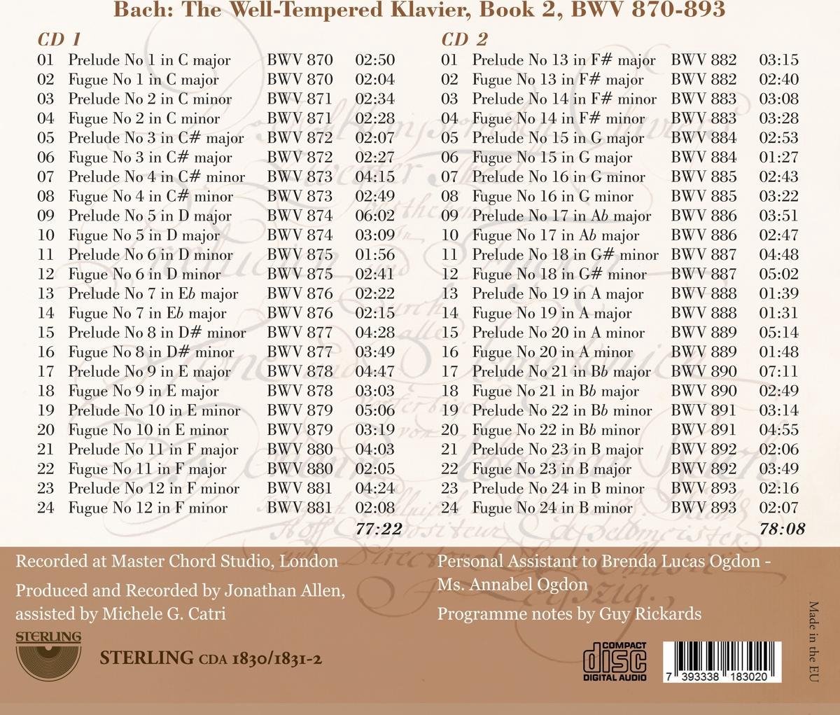 Bach: The Well-Tempered Klav, Brenda Lucas Ogdon | CD (album) | Muziek ...