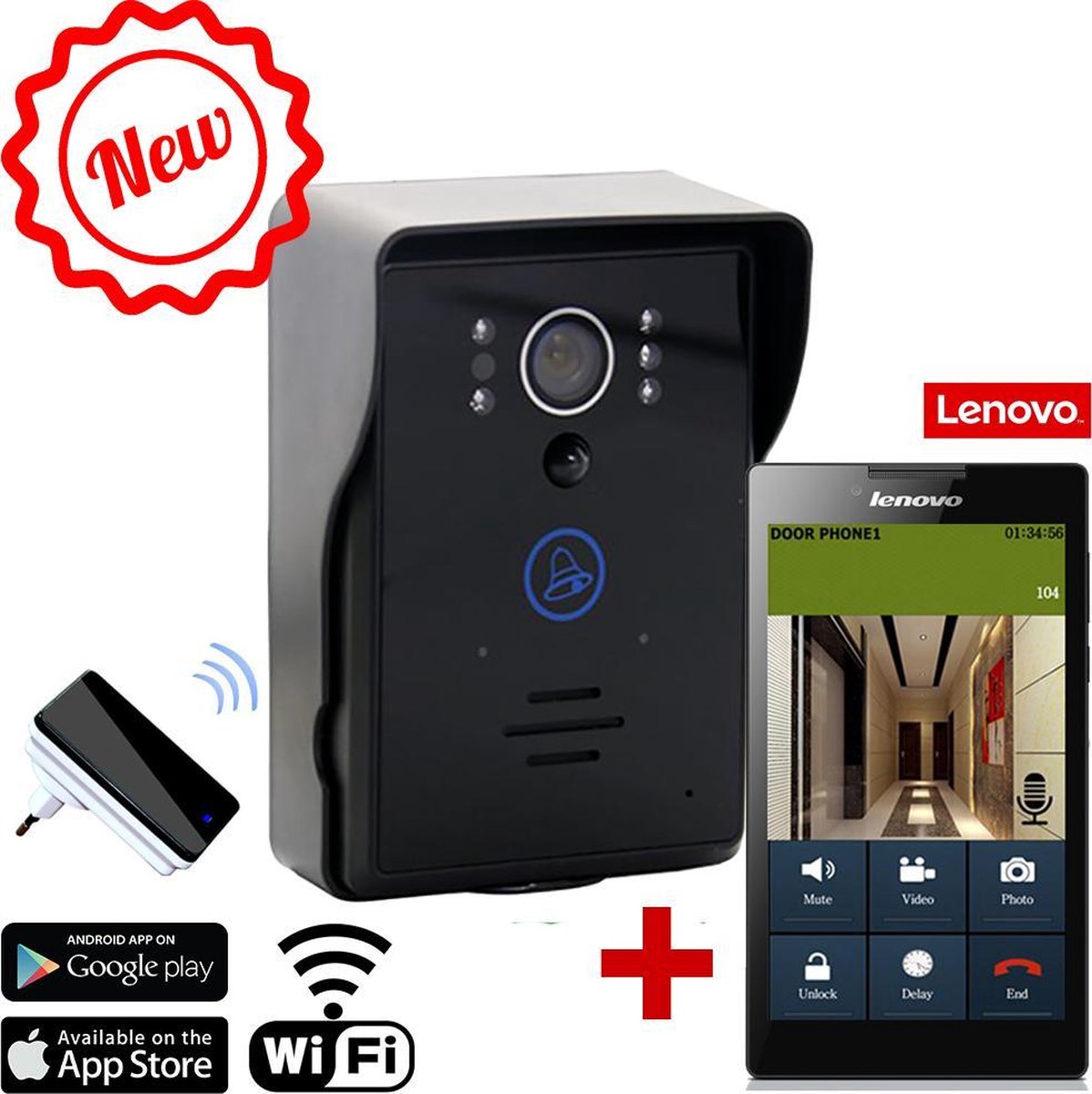 Wifi Deurbel met camera met 7″ kleurenscherm, losse draadloze bel ...