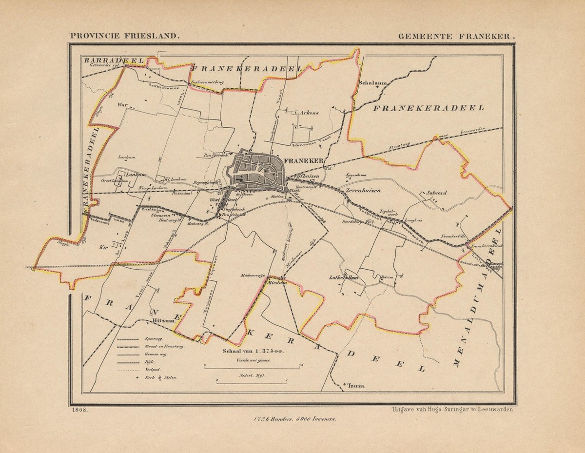 Historische kaart, plattegrond van gemeente Franeker in Friesland uit ...