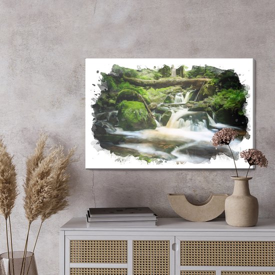 Schilderijkoning - Canvas Schilderij Waterval In Het Bos Geschilderd Met Waterverf -... | bol