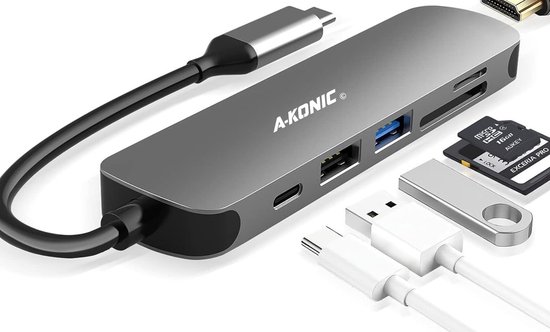 A-KONIC USB-C Hub - 6 in 1 - USB-C Opladen - 4K HDMI - USB 3.0 - Space ...