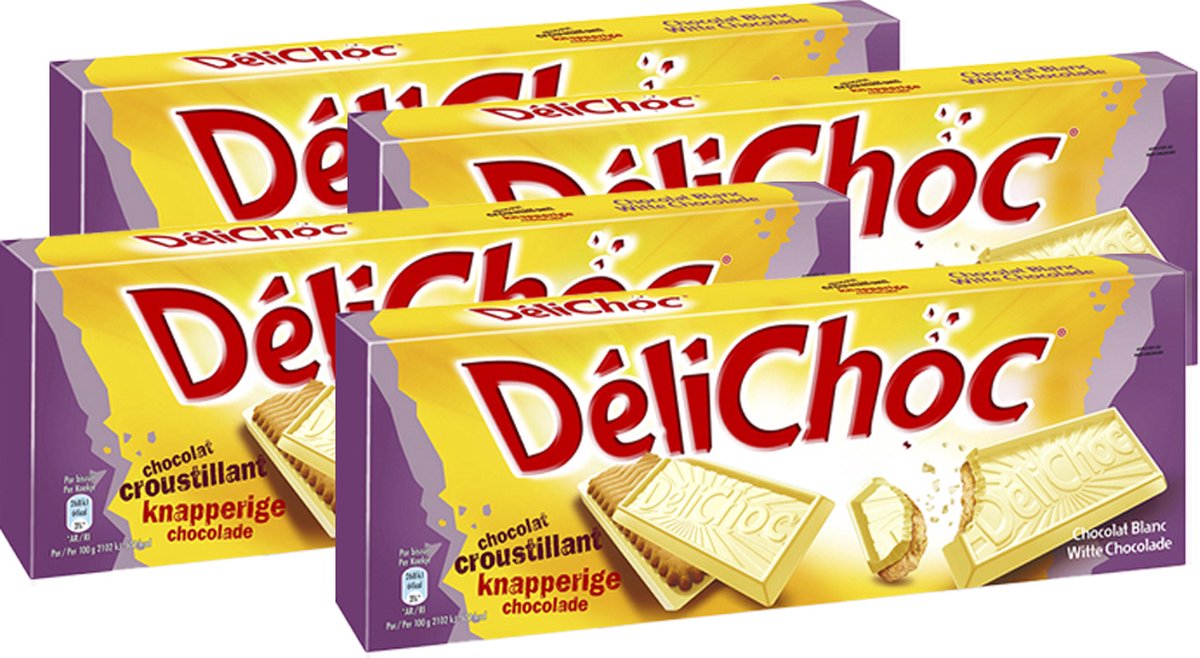 Délichoc Wit - Knapperige biscuits met witte chocolade - 150g x 4 | bol