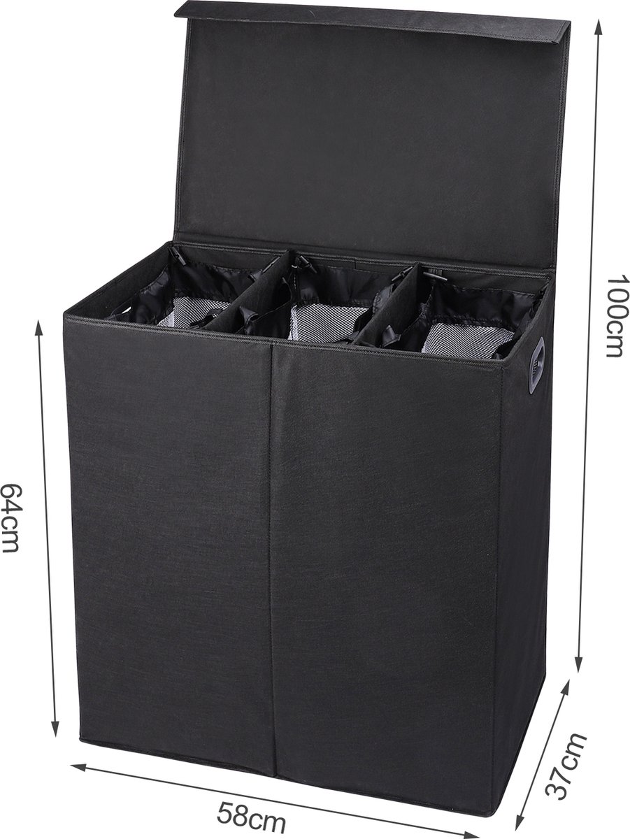 Sens Design Wasmand met deksel – Wassorteerder 3 vakken – 120L – Zwart ...
