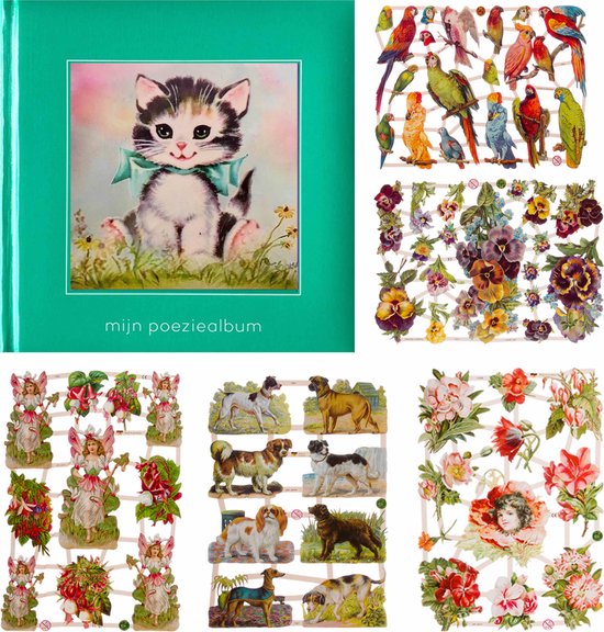 Poëziealbum - 16x16 - Groen - S7 - Poes met blauwe strik - met 5 vellen ...