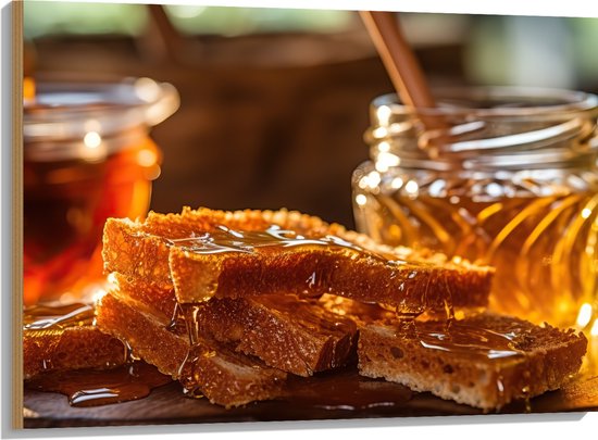 Hout - Eten - Honing - Brood - 100x75 cm - 9 mm dik - Foto op Hout (Met ...