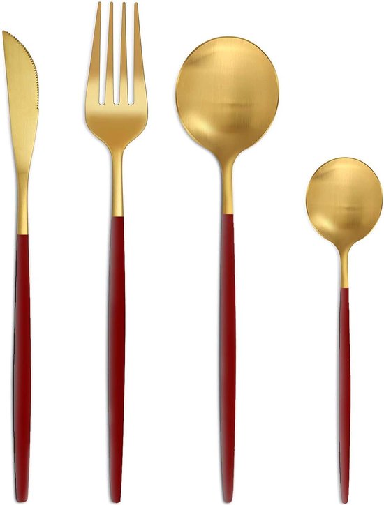 Bestekset voor 6 personen, 24-delige bestekset, mat rood, goud ...