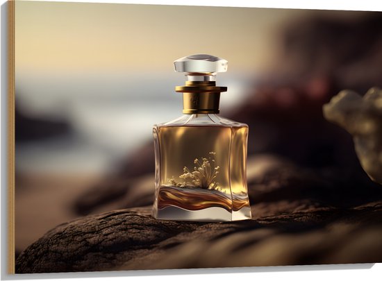 Hout - Flesje - Parfum - Bloemetjes - 100x75 cm - 9 mm dik - Foto op ...