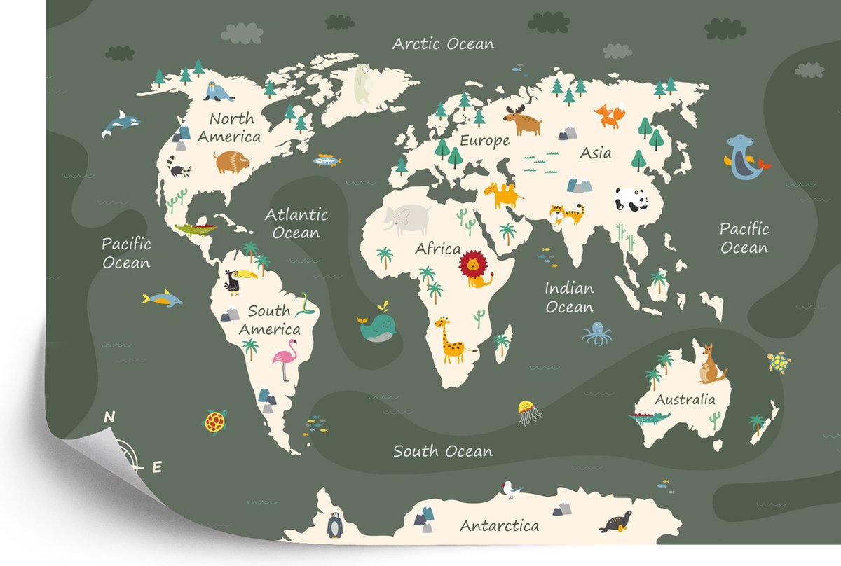 Fotobehang The World Map With Cartoon Animals For Kids, Nature ...