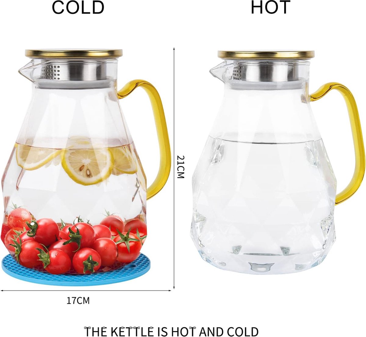 Glazen karaf 1,8 liter, karaf met deksel, glazen karaf met deksel, warm ...