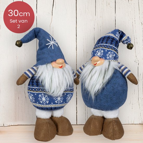 Blauwe handgemaakt Gnomen-duo met figuren en gestreepte mouwen - 30(45)cm | bol