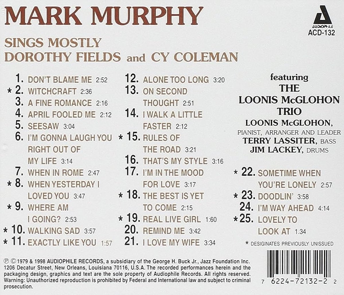 Mark Murphy - Sings Mostly Dorothy Fields And Cy Coleman (CD), Mark ...