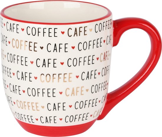 Dekoratief | Mok 'Cafe/Coffee', wit/rood, keramiek, 10x10x12cm ...