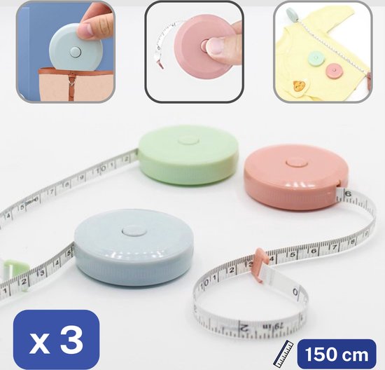 3 Stuks ROLMAAT/LINTMETER/MEETLINT, 3 Kleuren (Grijs, Roze, Groen ...