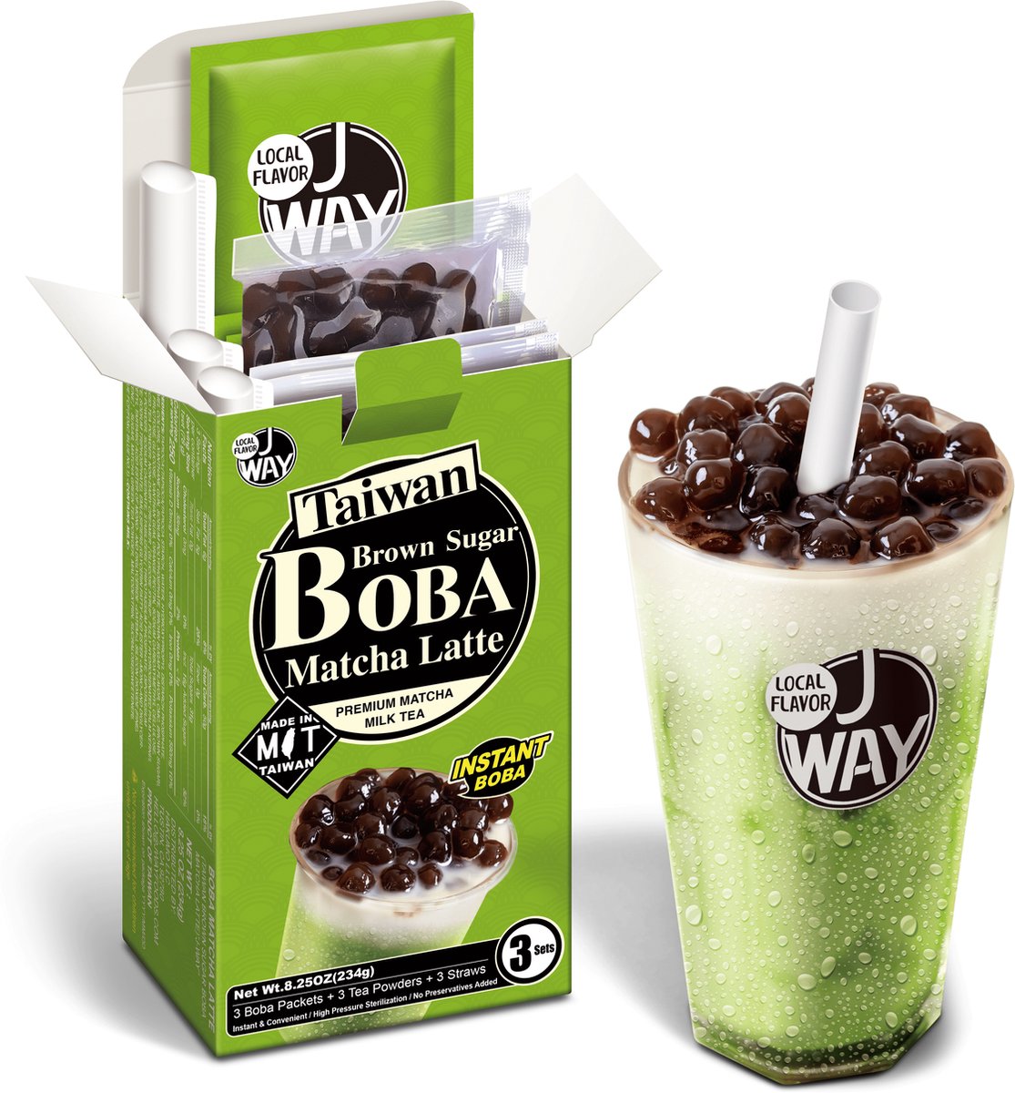JWAY Instant Bubble Tea – Matcha Latte - 3 Porties - Compleet met Bobas ...