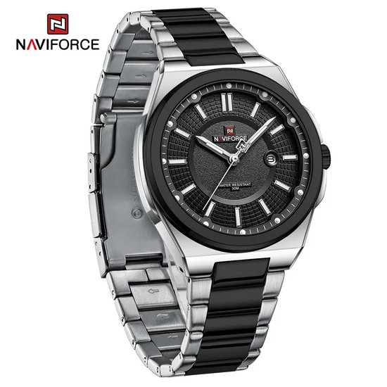 NAVIFORCE horloge voor mannen, met zilver en zwart metalen polsband ...
