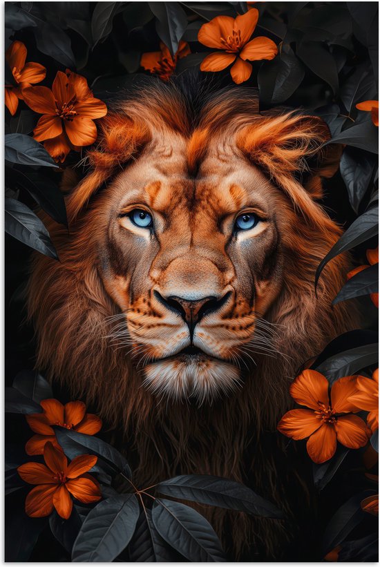 Poster 40x60 cm - Leeuw - Dieren portret - Natuur - Bloemen - Dier ...