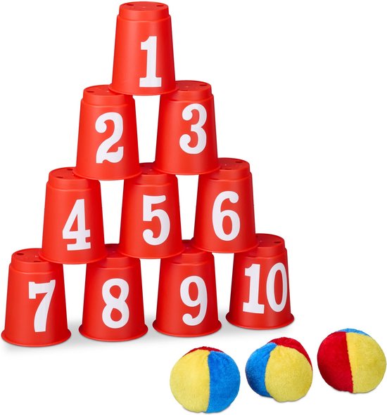 Relaxdays blikgooien spel - 10 kunststof bekers en 3 ballen - oud ...