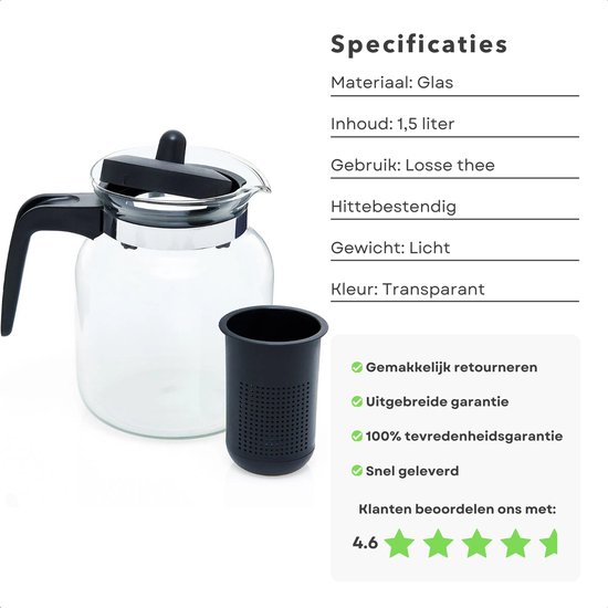 Cheqo® Glazen Theepot met Filter - 1.5L - Voor Losse Thee - Met Filter ...