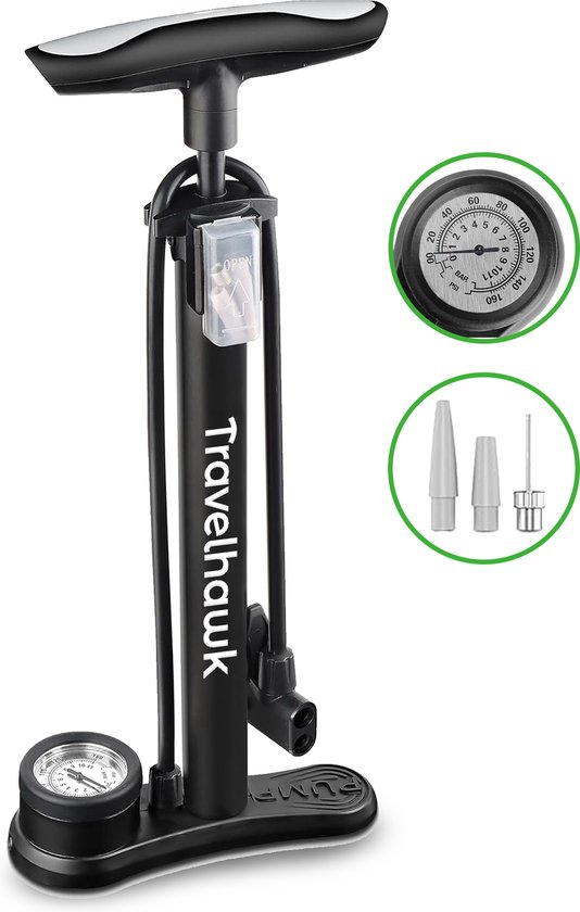 Travelhawk Fietspomp - Dubbele Ventielkop - Bal Pomp - Met drukmeter - Handig Voor... | bol