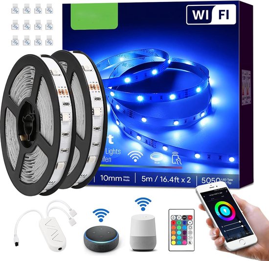 Slimme LED Strip 10 m, 2 x 5 m, RGB Dimbaar, 300 LEDs, WiFi LED Strip ...