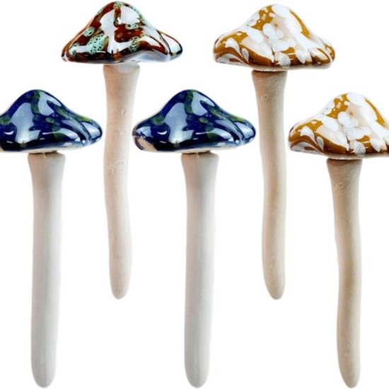 Set van 5 keramische paddestoelen, kleurrijke tuinpaddestoelen ...