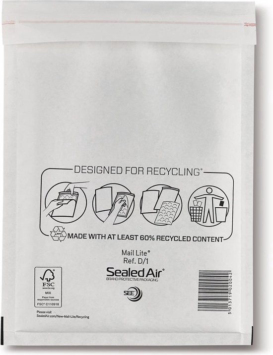 Mail Lite luchtkussenenveloppen, wit, D/1, 180 x 260 mm, doos van 75 ...