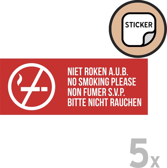 Pictogram/ stickers (5x) | Rookverbod in 4 talen | 16 x 6 cm | Verboden ...
