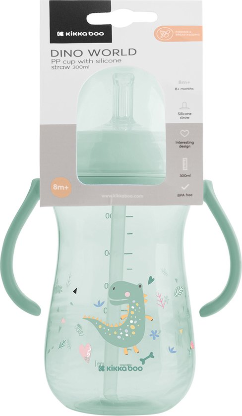 Kikkaboo Dino Wereld Beker Met Siliconen Rietje - 300ml - Mint | bol