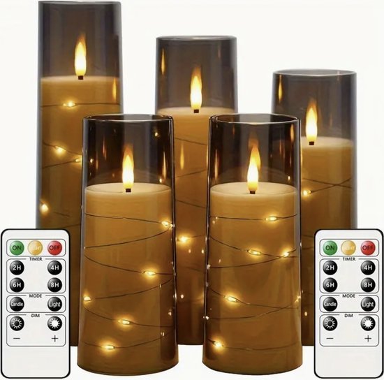 Luxe 5-delige LED Kaarsen Set in Glas met Lichtsnoer - Met 2 ...