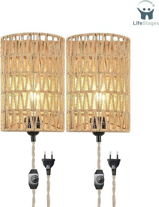 LifeStages - Wandlamp Binnen met Snoer - Wandlamp Binnen - Rotan, Boho ...
