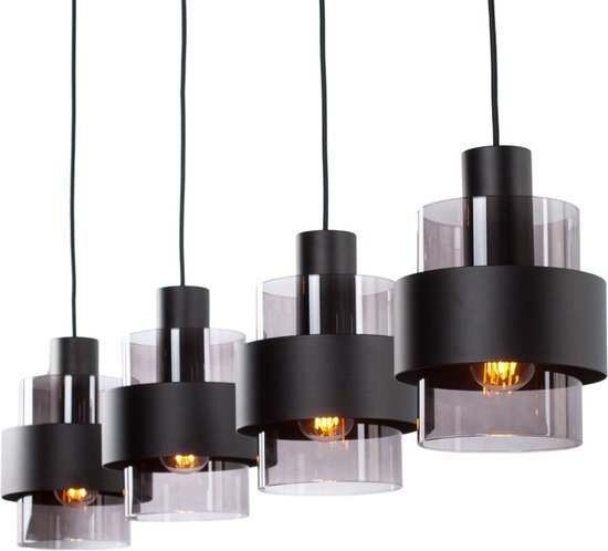 Moderne Hanglamp Chiasso | 4 lichts balk | smoke / grijs / zwart | glas ...