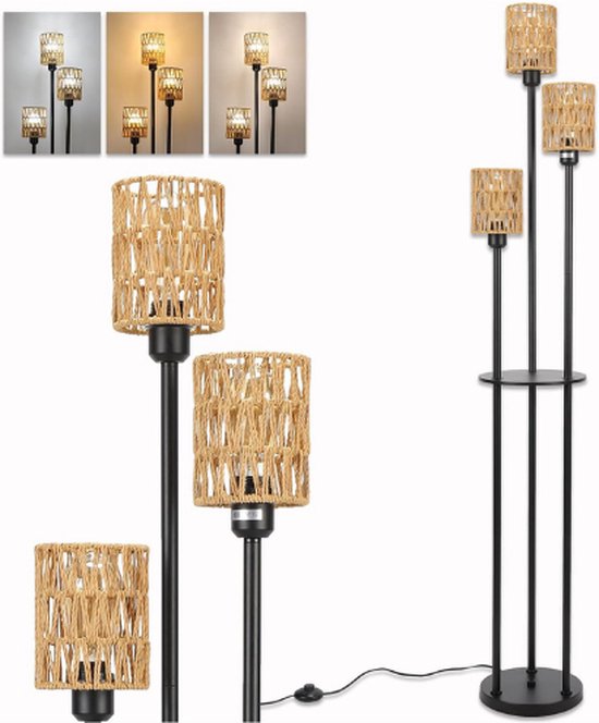 Rotan Boho Vloerlamp met Plank - Staande Lamp met 3 Lampen en Rotan ...
